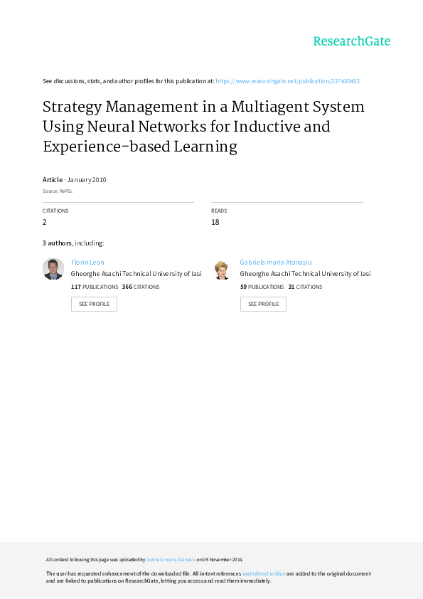 Pdf Strategy Management In A Multiagent System Using Neural Networks