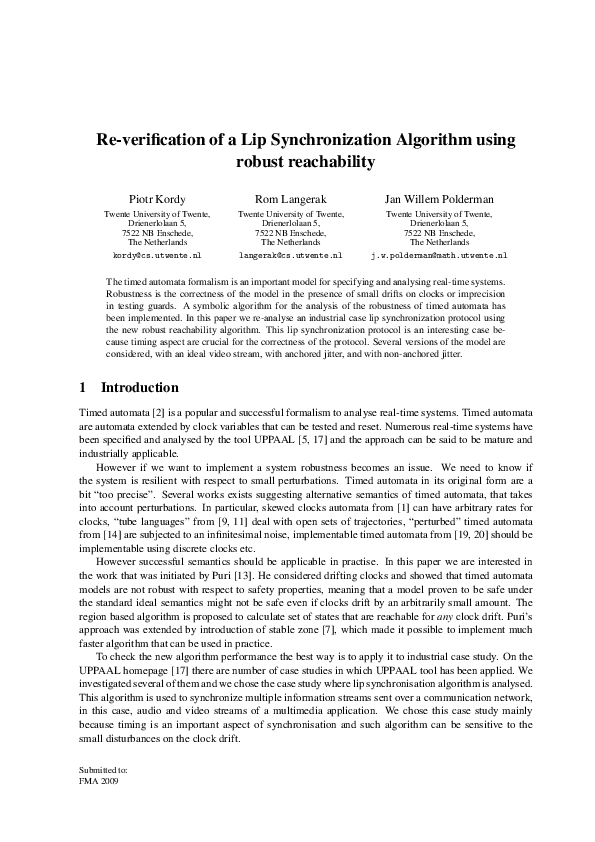 (PDF) Re-verification of a Lip Synchronization Algorithm using robust reachability