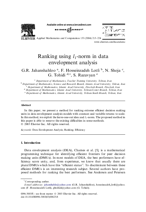 (PDF) Ranking using l1-norm in data envelopment analysis
