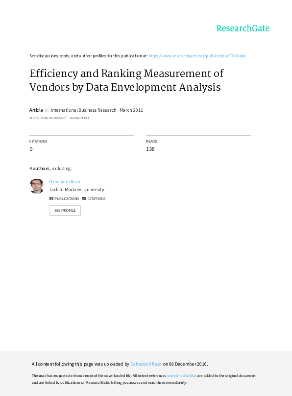 (PDF) Efficiency and Ranking Measurement of Vendors by Data Envelopment Analysis