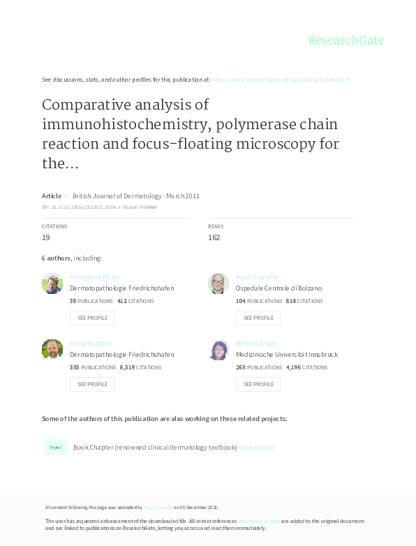 (PDF) Comparative analysis of immunohistochemistry, polymerase chain reaction and focus-floating ...