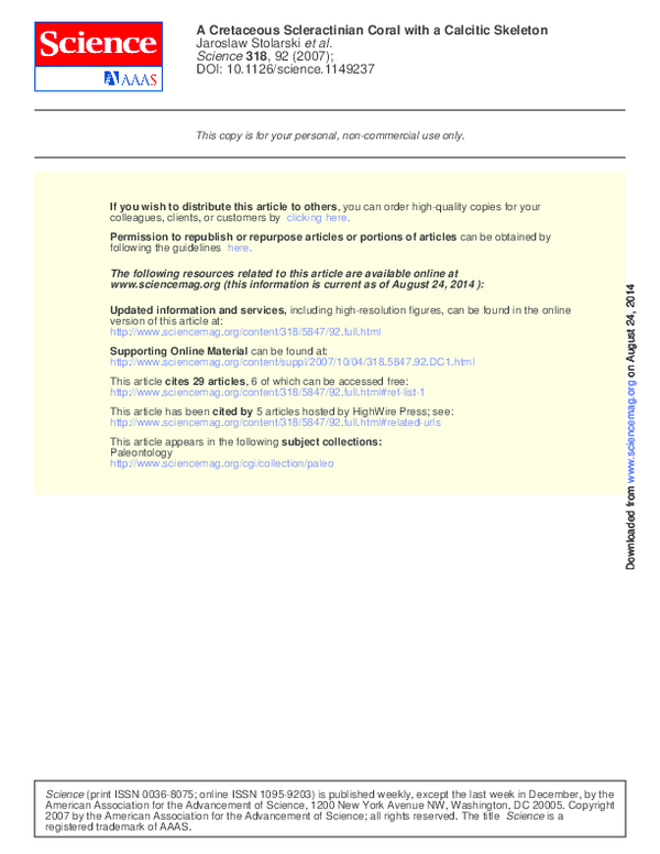 (PDF) A Cretaceous scleractinian coral with a calcitic skeleton