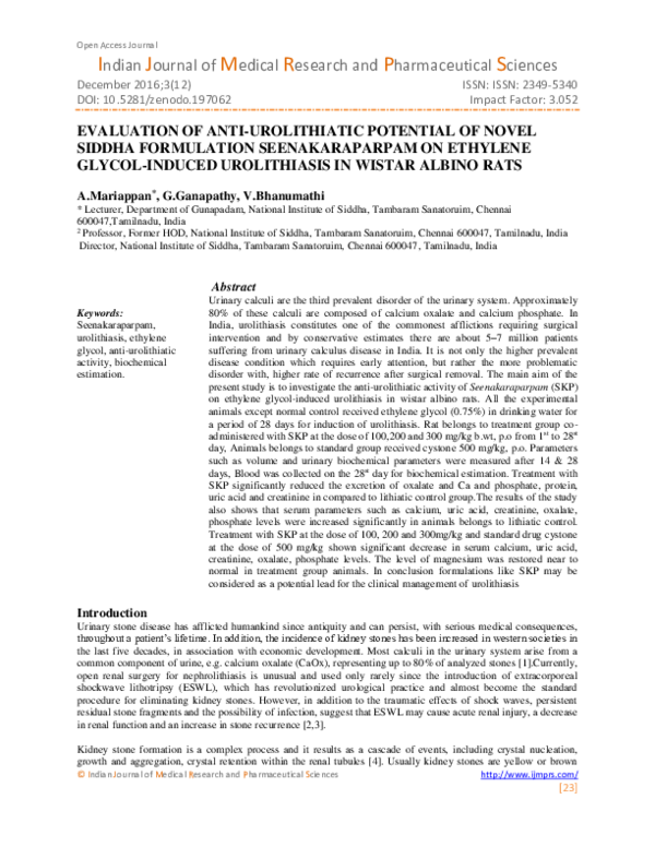 (PDF) EVALUATION OF ANTI-UROLITHIATIC POTENTIAL OF NOVEL SIDDHA ...