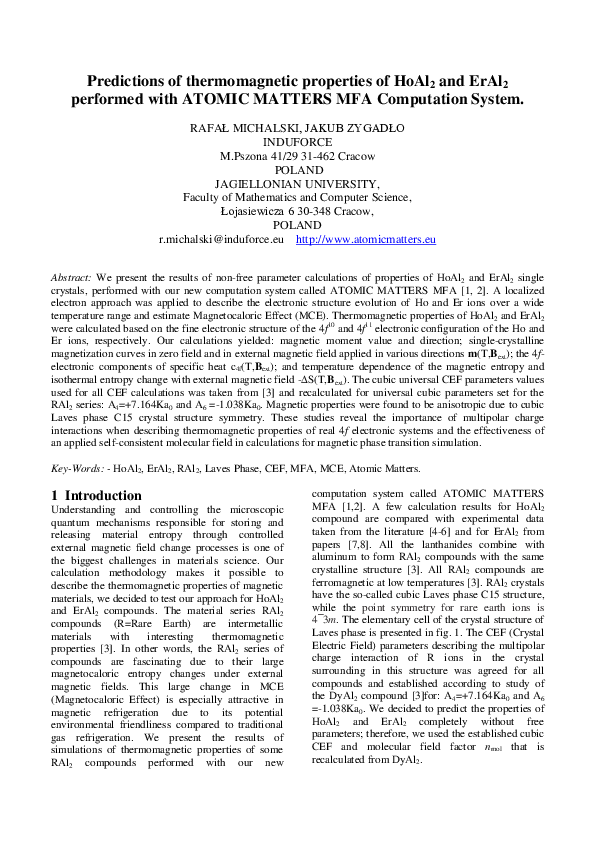 Pdf Predictions Of Thermomagnetic Properties Of Hoal2 And Eral2 Performed With Atomic Matters