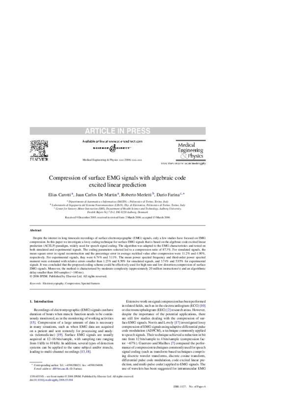 (PDF) Compression of surface EMG signals with algebraic code excited linear prediction