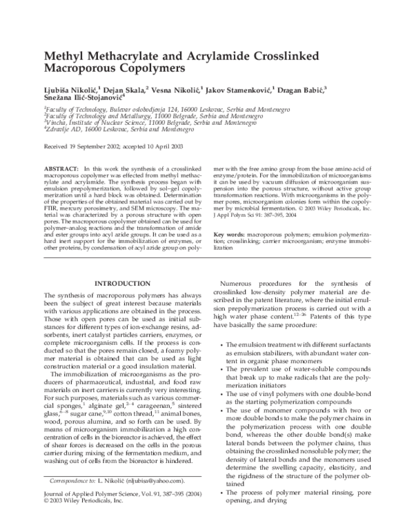 (PDF) Methyl methacrylate and acrylamide crosslinked macroporous copolymers