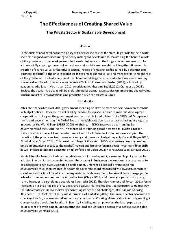 (PDF) The Effectiveness of Creating Shared Value The Private Sector in ...