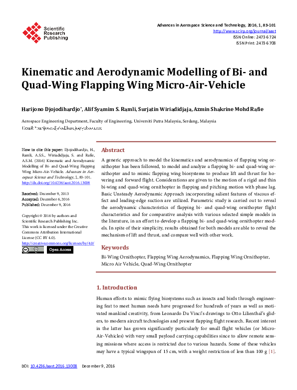 (PDF) Kinematic and Aerodynamic Modelling of Bi-and Quad-Wing Flapping Wing Micro-Air-Vehicle