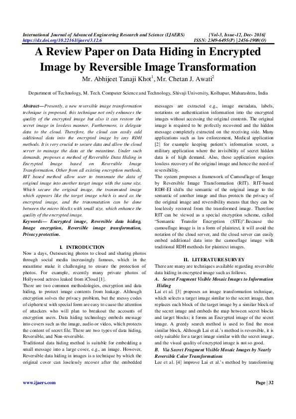 Pdf A Review Paper On Data Hiding In Encrypted Image By Reversible Image Transformation