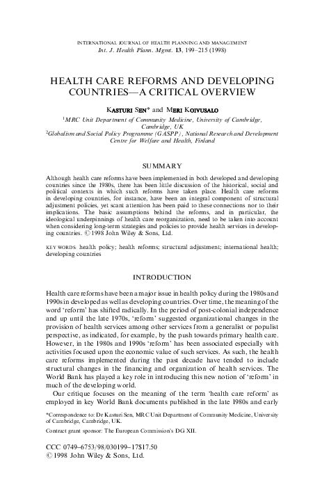 (PDF) Health care reforms and developing countries—a critical overview