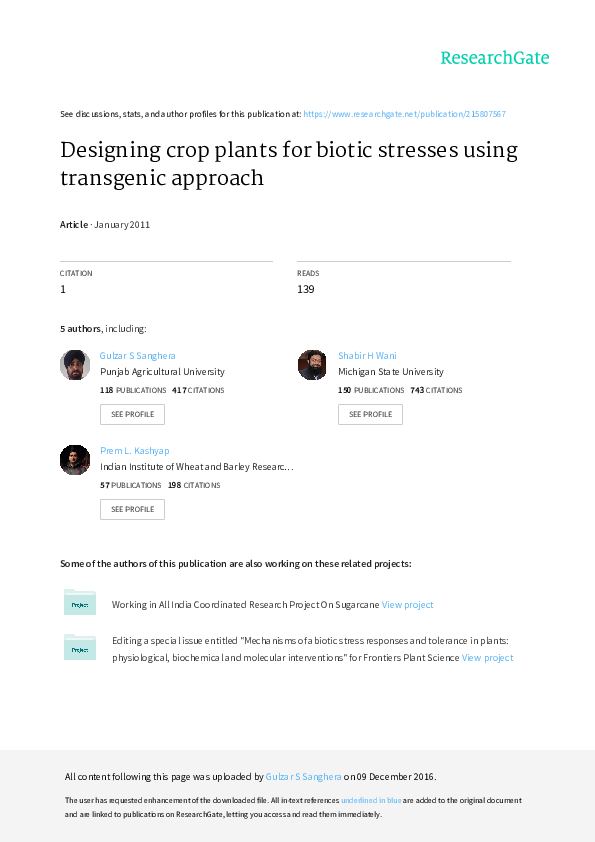(PDF) Designing Crop Plants for Biotic Stresses using Transgenic Approach