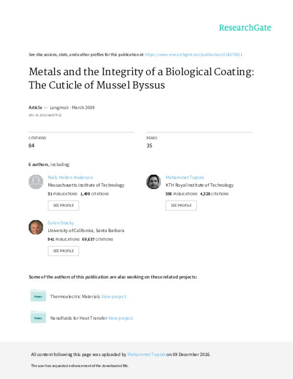 (PDF) Metals and the integrity of a biological coating: the cuticle of ...