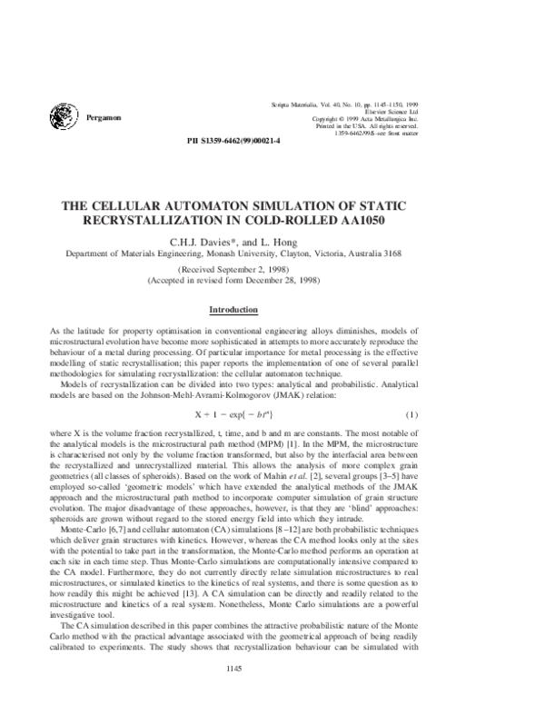 Pdf The Cellular Automaton Simulation Of Static Recrystallization In