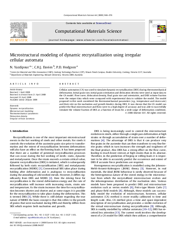 Pdf Microstructural Modeling Of Dynamic Recrystallization Using