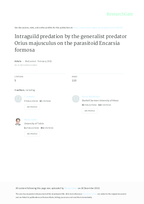 (PDF) Intraguild predation by the generalist predator Orius majusculus on the parasitoid ...