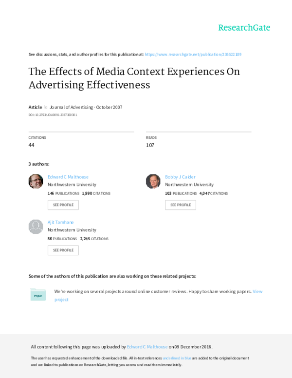 (PDF) The Effects of Media Context Experiences On Advertising Effectiveness