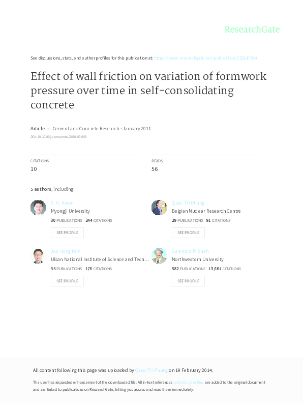 Pdf Effect Of Wall Friction On Variation Of Formwork Pressure Over Time In Self Consolidating