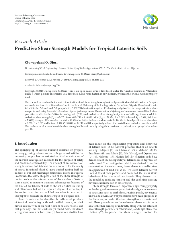 (PDF) Predictive Shear Strength Models for Tropical Lateritic Soils