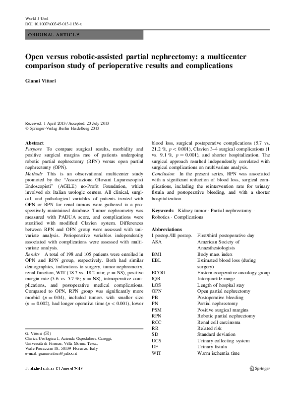 (PDF) Open versus robotic-assisted partial nephrectomy: a multicenter comparison study of ...