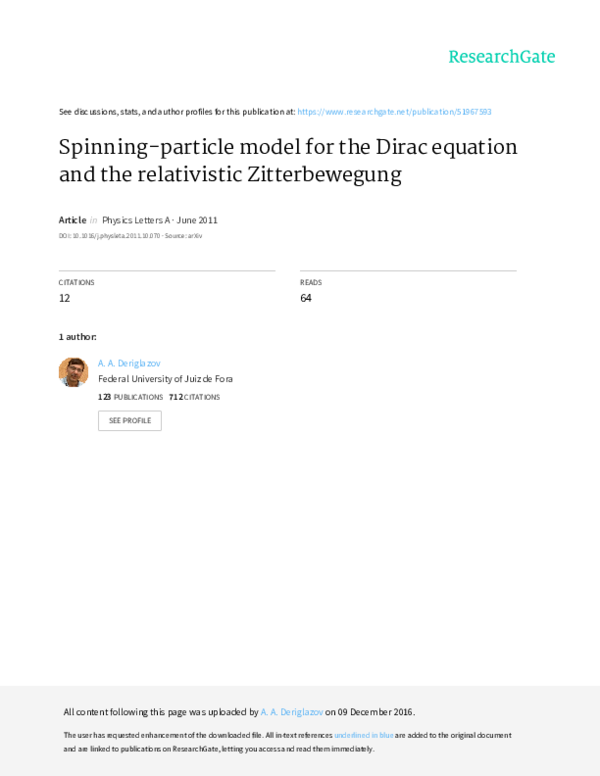 (PDF) Spinning-particle model for the Dirac equation and the relativistic Zitterbewegung