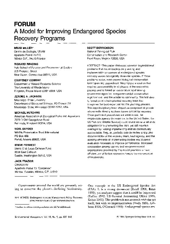 (PDF) A model for improving endangered species recovery programs