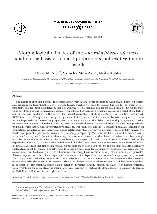 (PDF) Morphological affinities of the Australopithecus afarensis hand ...