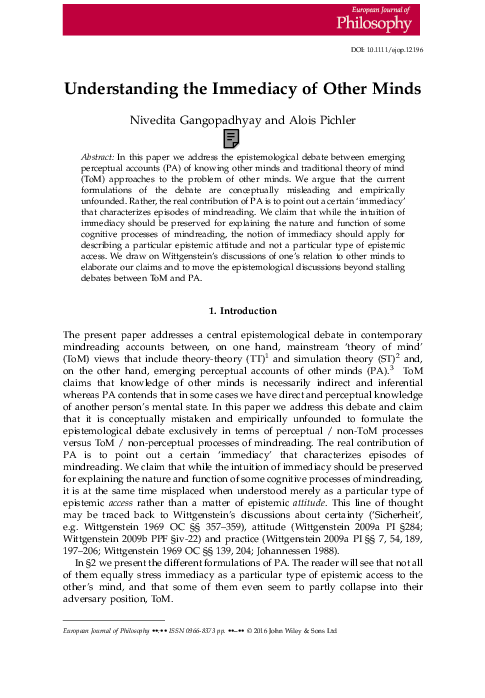 (PDF) Understanding the Immediacy of Other Minds