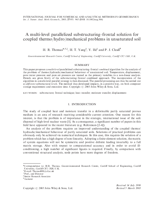 (PDF) A multi‐level parallelized substructuring‐frontal solution for coupled thermo/hydro ...