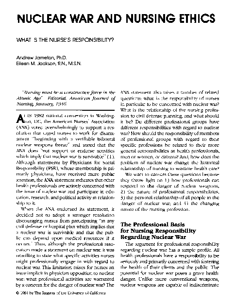 (PDF) Nuclear war and nursing ethics. What is the nurse's responsibility?