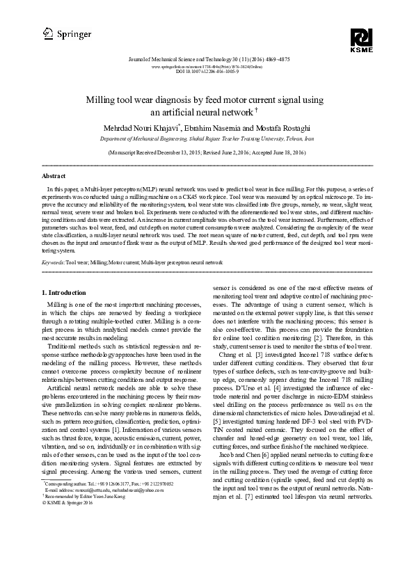 Pdf Milling Tool Wear Diagnosis By Feed Motor Current Signal Using An Artificial Neural Network
