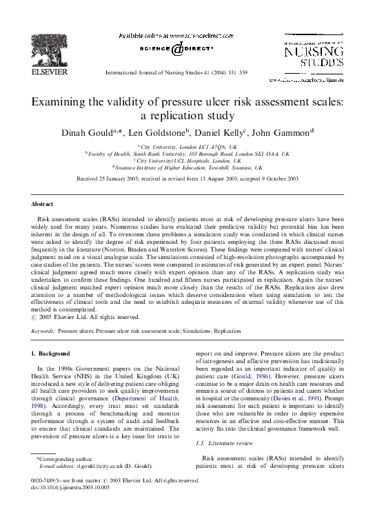 (PDF) Examining the validity of pressure ulcer risk assessment scales: a replication study