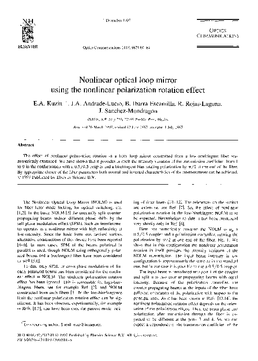 Pdf Nonlinear Optical Loop Mirror Using The Nonlinear Polarization Rotation Effect