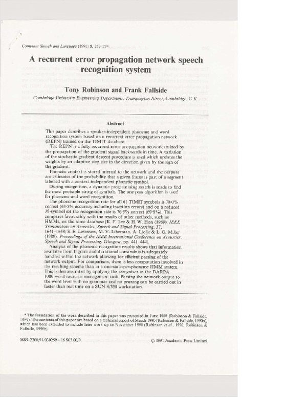 (PDF) A recurrent error propagation network speech recognition system