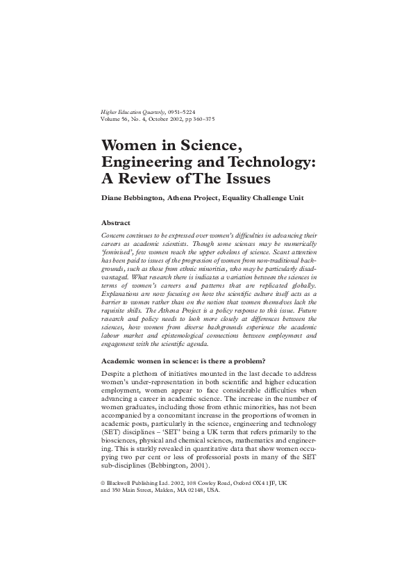 (PDF) Women in science, engineering and technology: a review of the issues