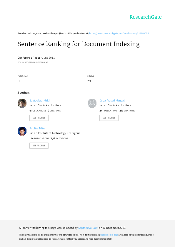 (PDF) Sentence ranking for document indexing