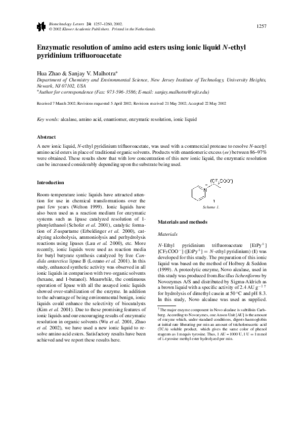 (PDF) Enzymatic resolution of amino acid esters using ionic liquid N-ethyl pyridinium ...