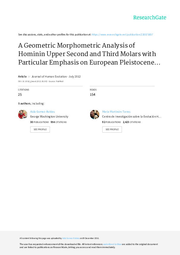 (PDF) A geometric morphometric analysis of hominin upper first molar shape