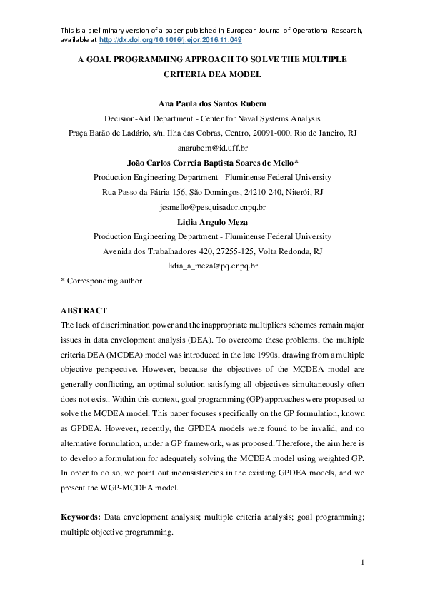 Pdf A Goal Programming Approach To Solve The Multiple Criteria Dea Model