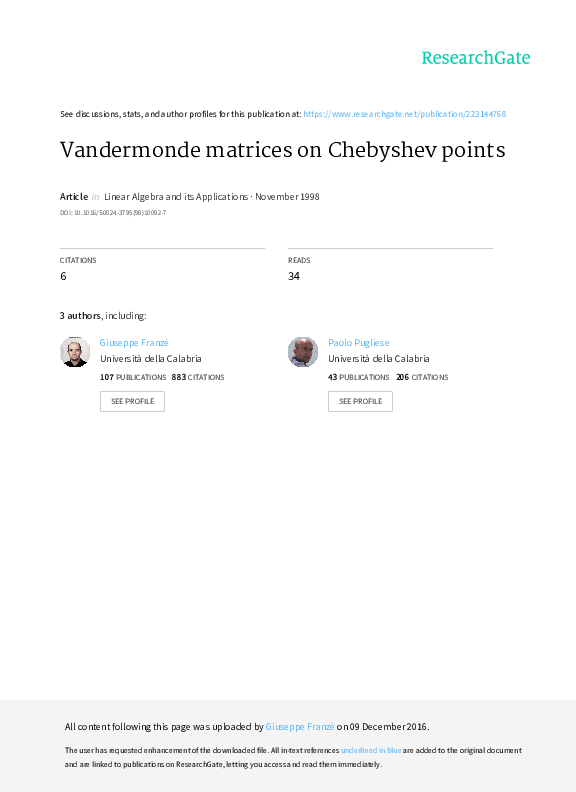 (PDF) Vandermonde matrices on Chebyshev points
