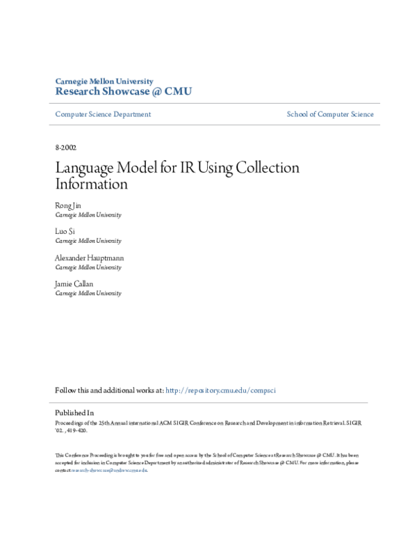 (PDF) Language model for IR using collection information