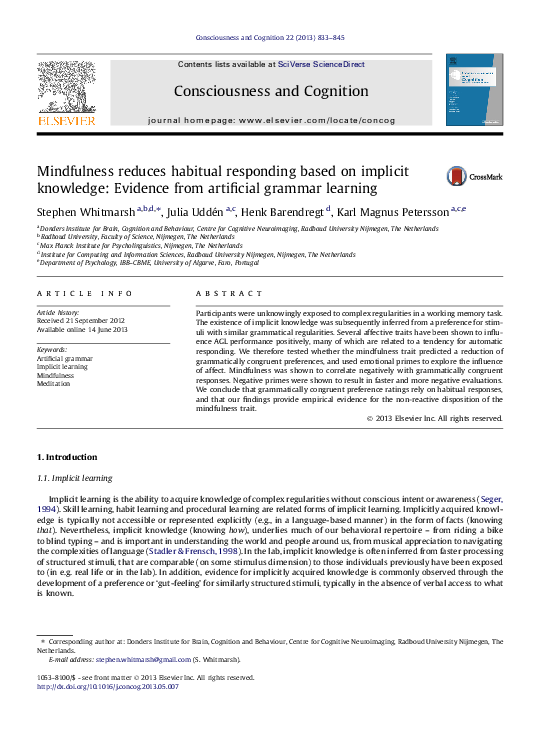 (PDF) Mindfulness reduces habitual responding based on implicit knowledge: Evidence from ...