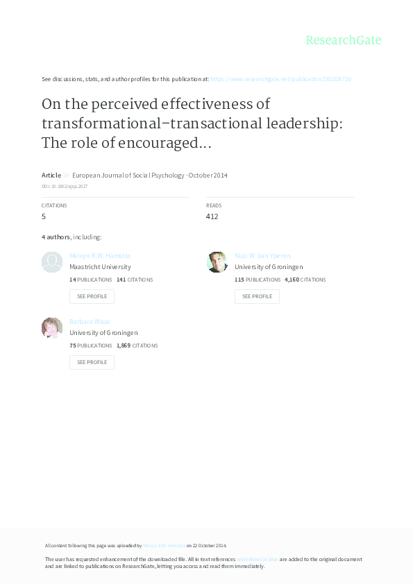 (PDF) On the perceived effectiveness of transformational-transactional leadership: The role of ...