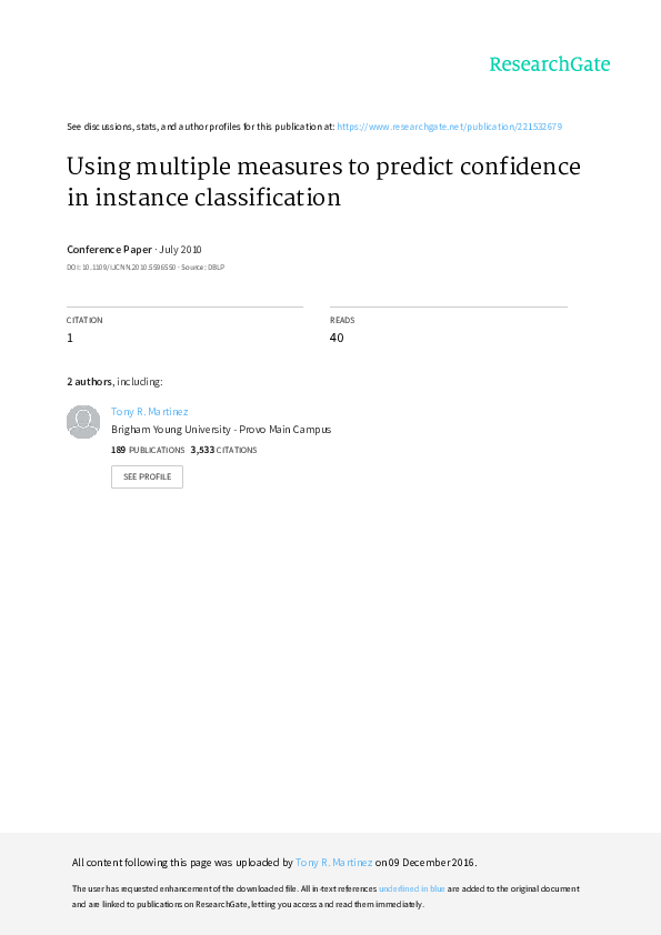 (PDF) Using multiple measures to predict confidence in instance classification