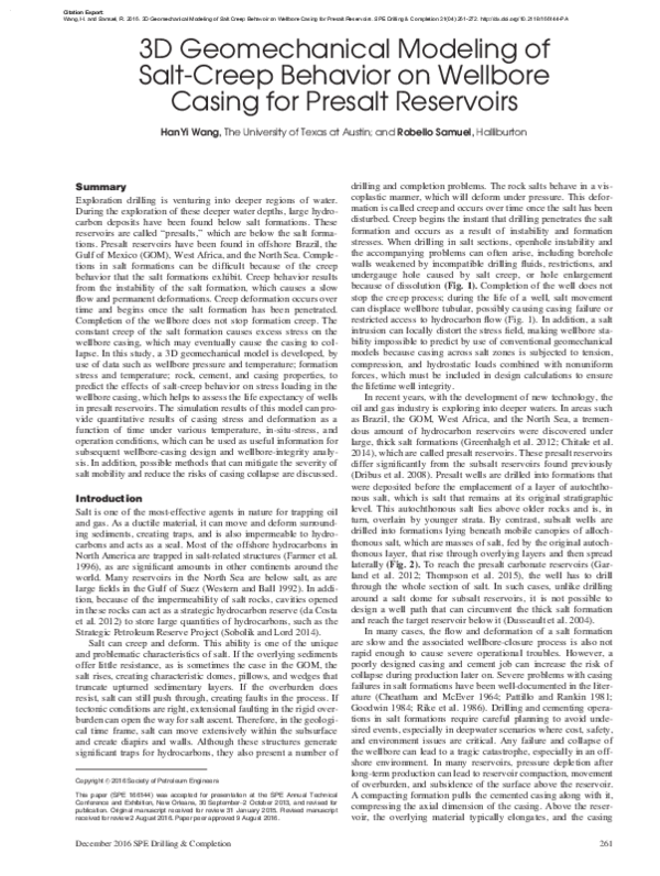 (PDF) 3D Geomechanical Modeling of Salt-Creep Behavior on Wellbore ...