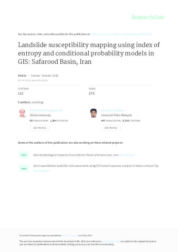 (PDF) Landslide susceptibility mapping using index of entropy and conditional probability models ...