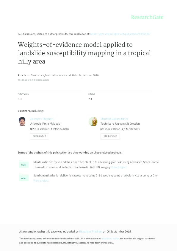 (PDF) Weights-of-evidence model applied to landslide susceptibility mapping in a tropical hilly area