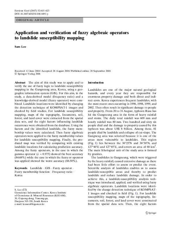 (PDF) Application and verification of fuzzy algebraic operators to landslide susceptibility mapping