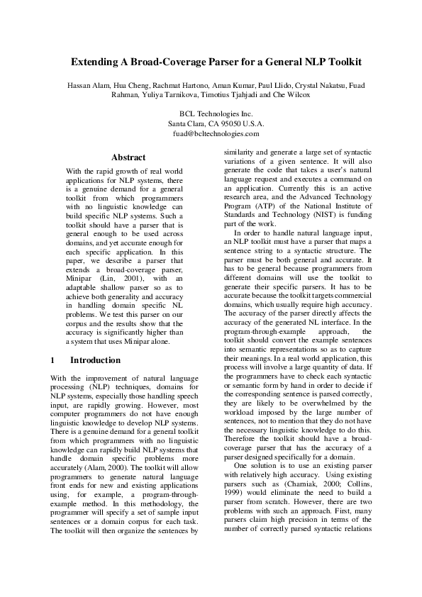 Pdf Extending A Broad Coverage Parser For A General Nlp Toolkit