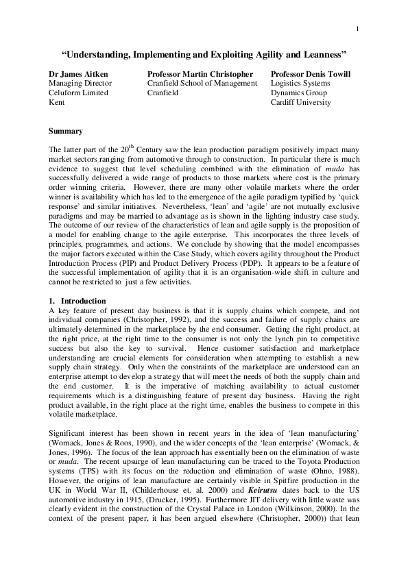 (PDF) " Understanding, Implementing and Exploiting Agility and Leanness