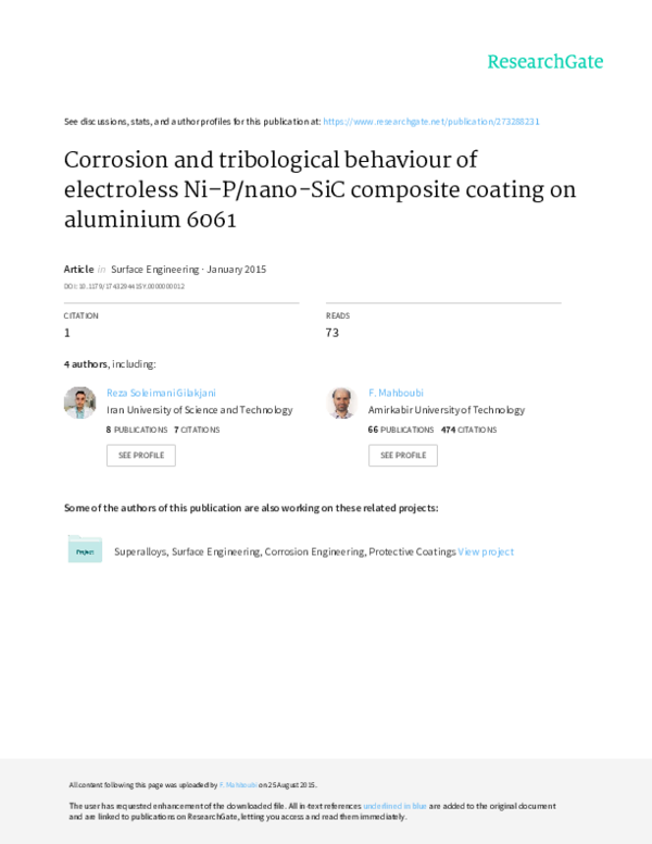 Pdf Corrosion And Tribological Behaviour Of Electroless Ni P Nano Sic Composite Coating On
